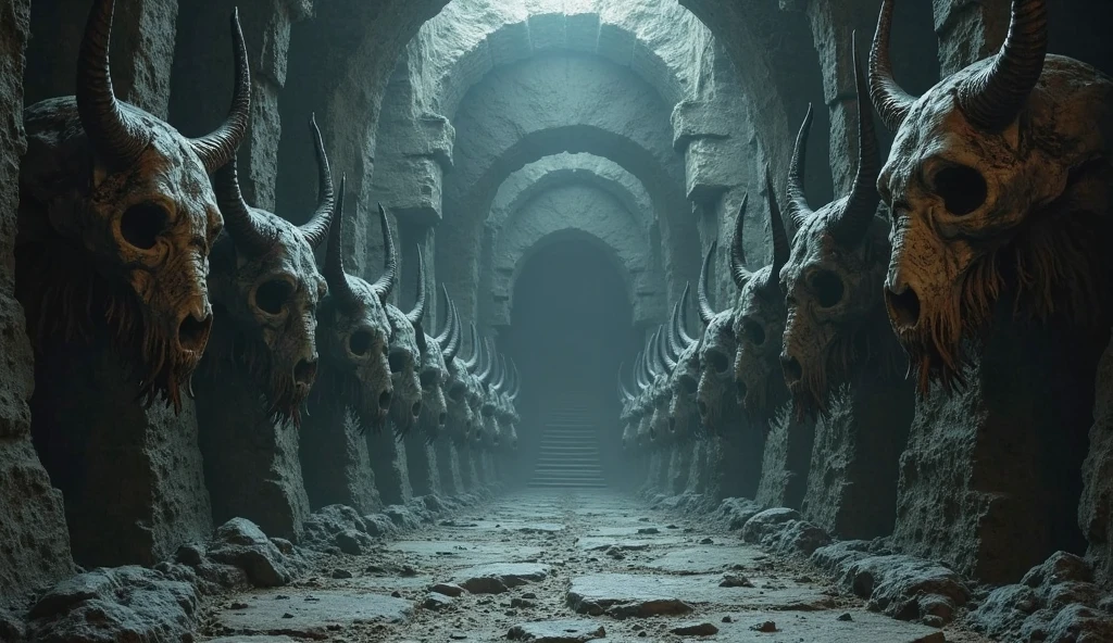 "A multitude of towering minotaur skull statues line both sides of a ...