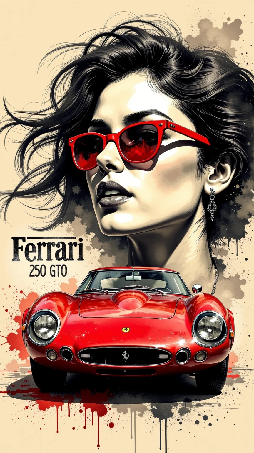 A bright and artistic poster depicting a Ferrari 250 GTO. the words ...