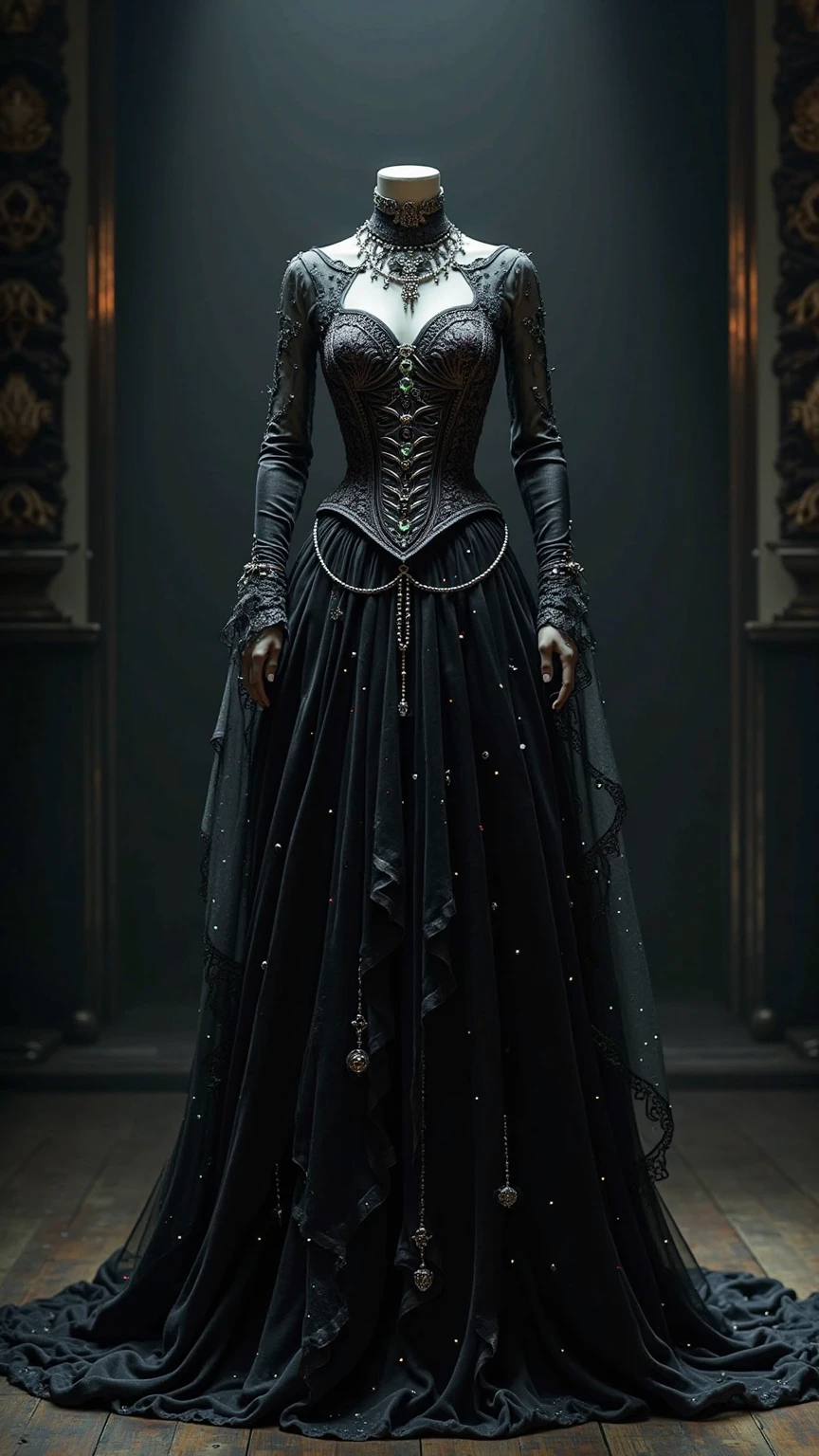 A mesmerizing, ultra-detailed gothic vampire gown displayed on an ...
