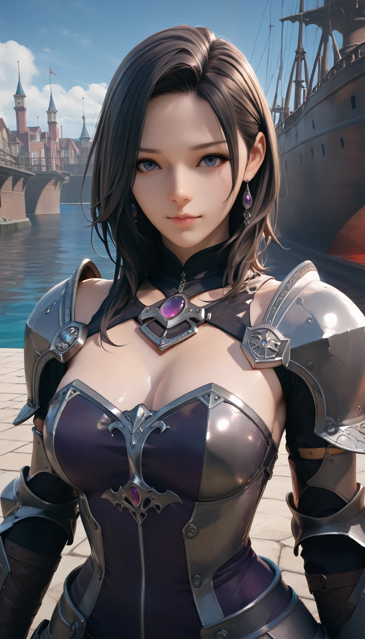 A close up of a woman in armor standing near a ship - SeaArt AI