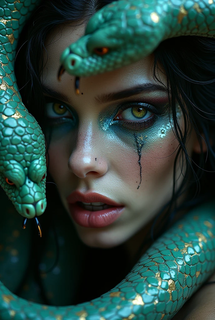 A close-up image of a snake-haired goddess, blending dark fantasy with ...