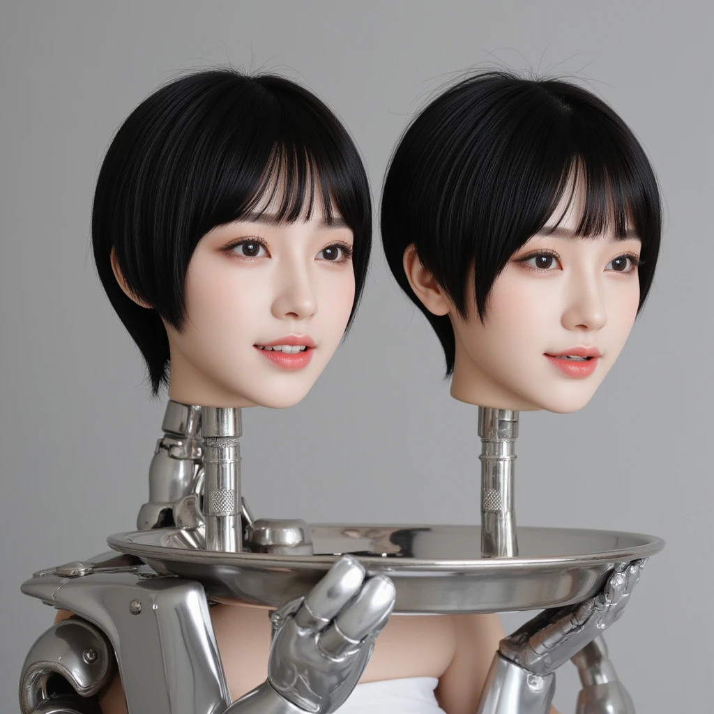Two separated heads of a beautiful young Japanese woman are placed on a ...