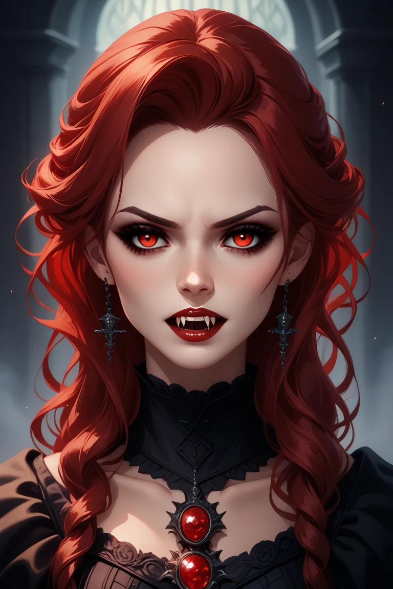 Female vampire, red hair, fangs, medieval fantasy - SeaArt AI