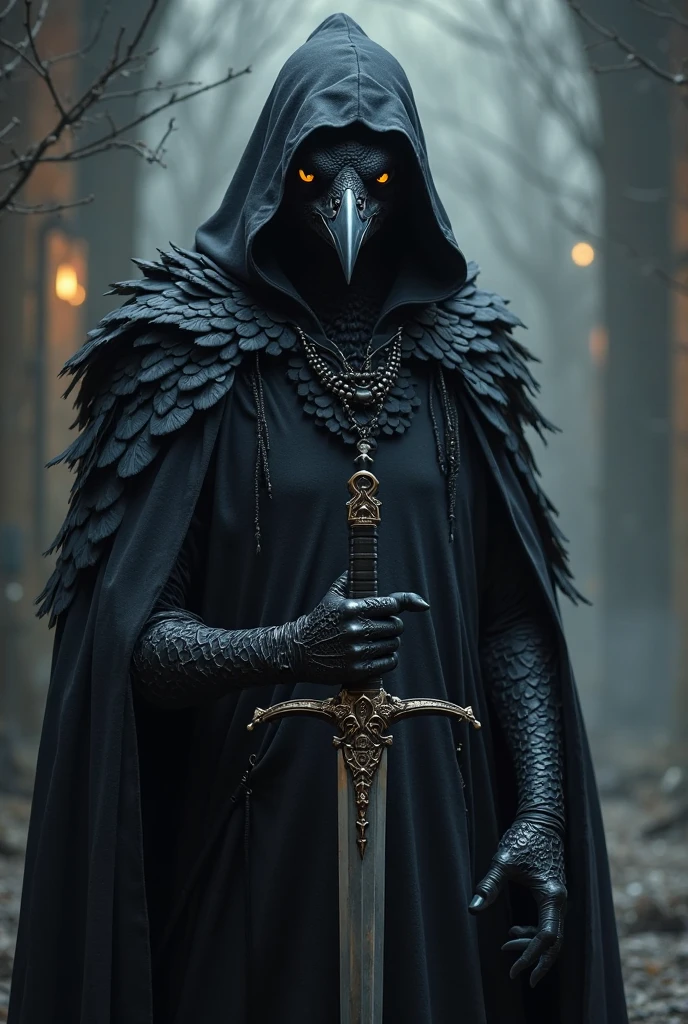 Humanoid raven with a black hood and a rapier - SeaArt AI