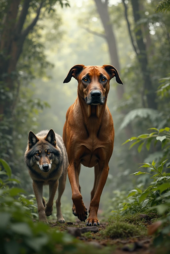 (Photorealism:1.2), Rhodesian Ridgeback walking,From Java,Wolf near him ...