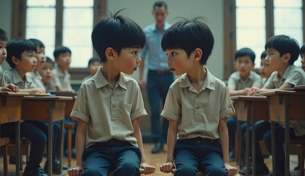 A pair of twin boys, both with frail physiques, pale skin, and ...