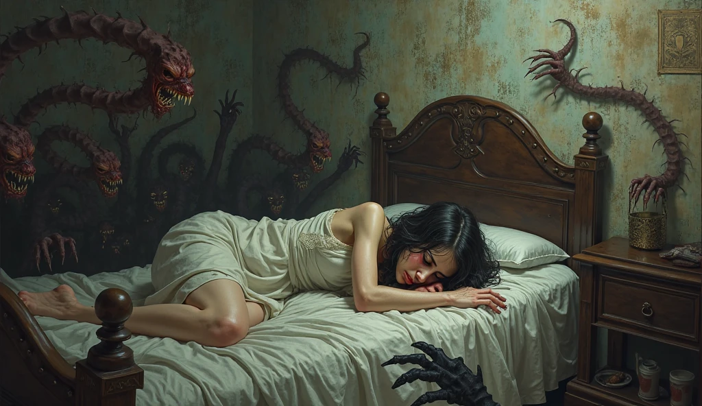 Woman lying in bed crying, surrounded by demons - SeaArt AI