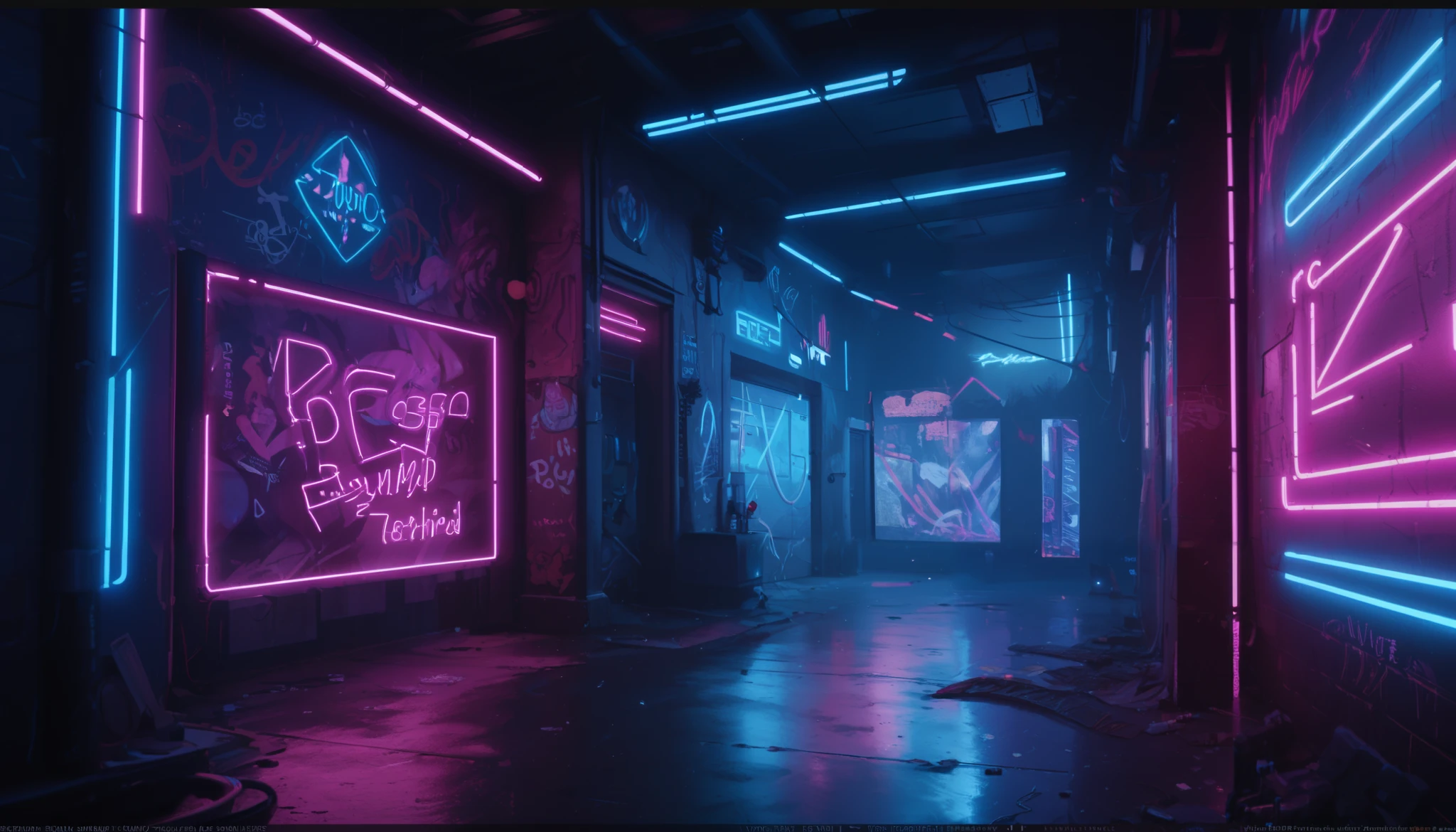 Neon signs in a dark room with graffiti on the walls - SeaArt AI