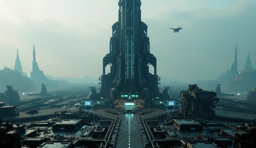 Shows a futuristic space air traffic control tower. Tall and modern ...
