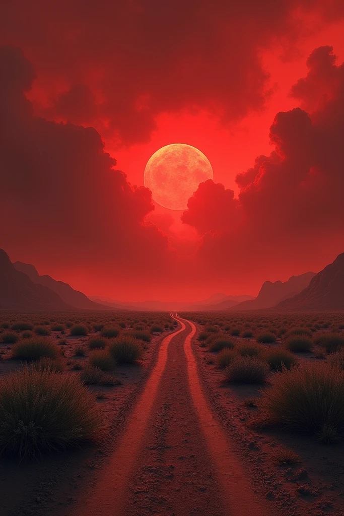 Stormy Red Sky ,Blood red, with small vegetation , Crossing dirt roads ...