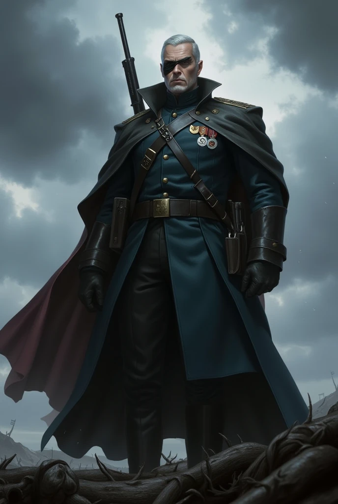 A towering Field Marshal General Zachlan Irons, viewed from a low angle ...