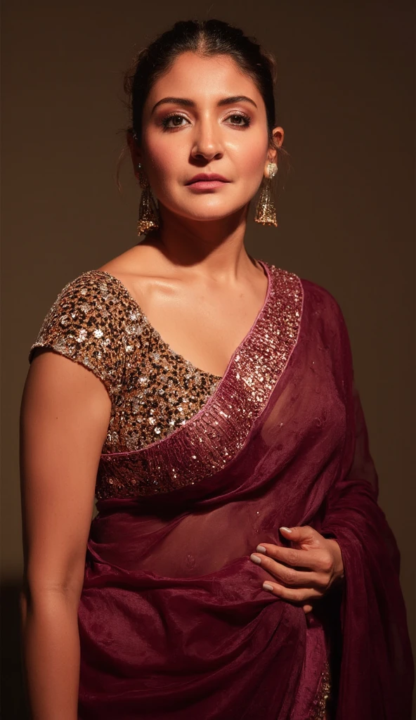 Generate a image of a woman in a maroon translucent saree. The blouse ...