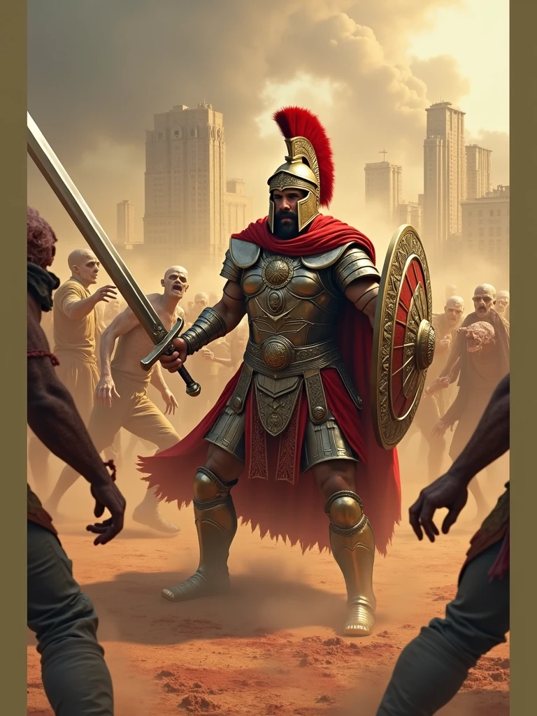 Roman emperor fighting horde of bloody zombies with apocalyptic city in ...