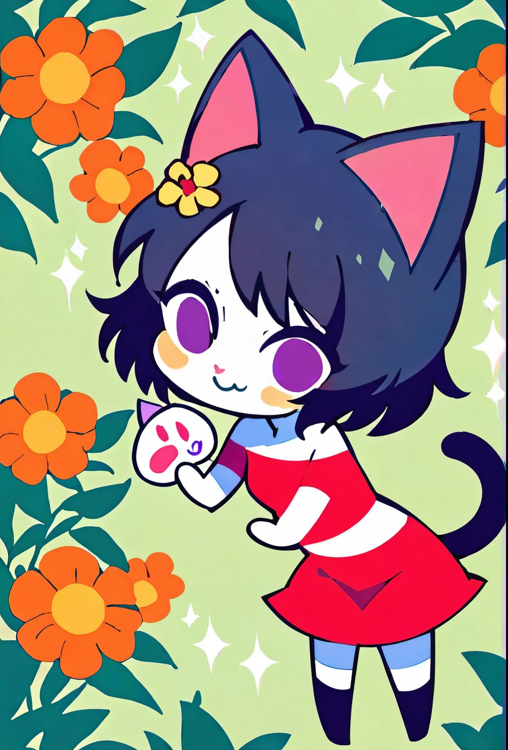 Anime girl in a red dress holding a white and pink cat - SeaArt AI