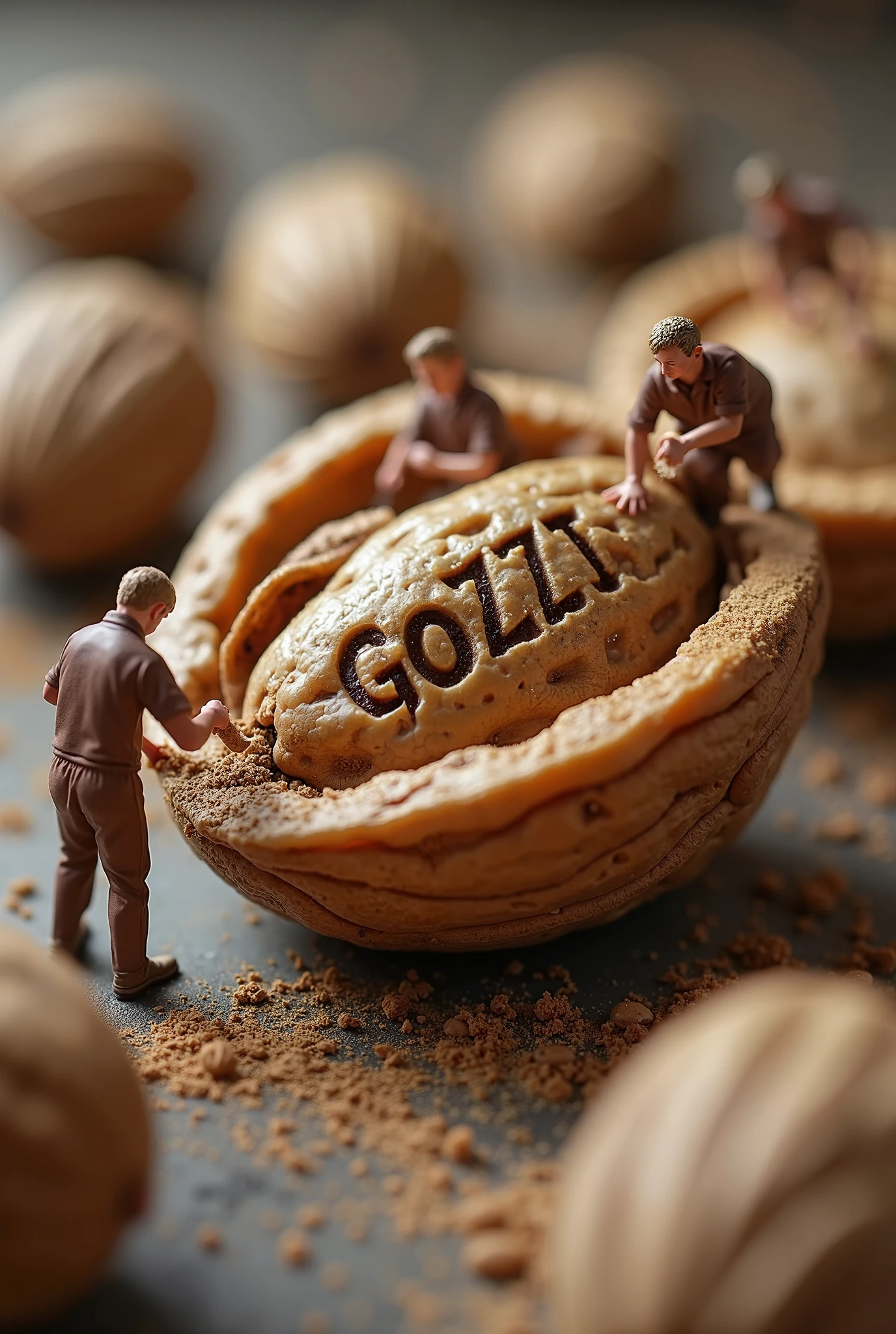 There are small figurines of people standing in a walnut shell - SeaArt AI