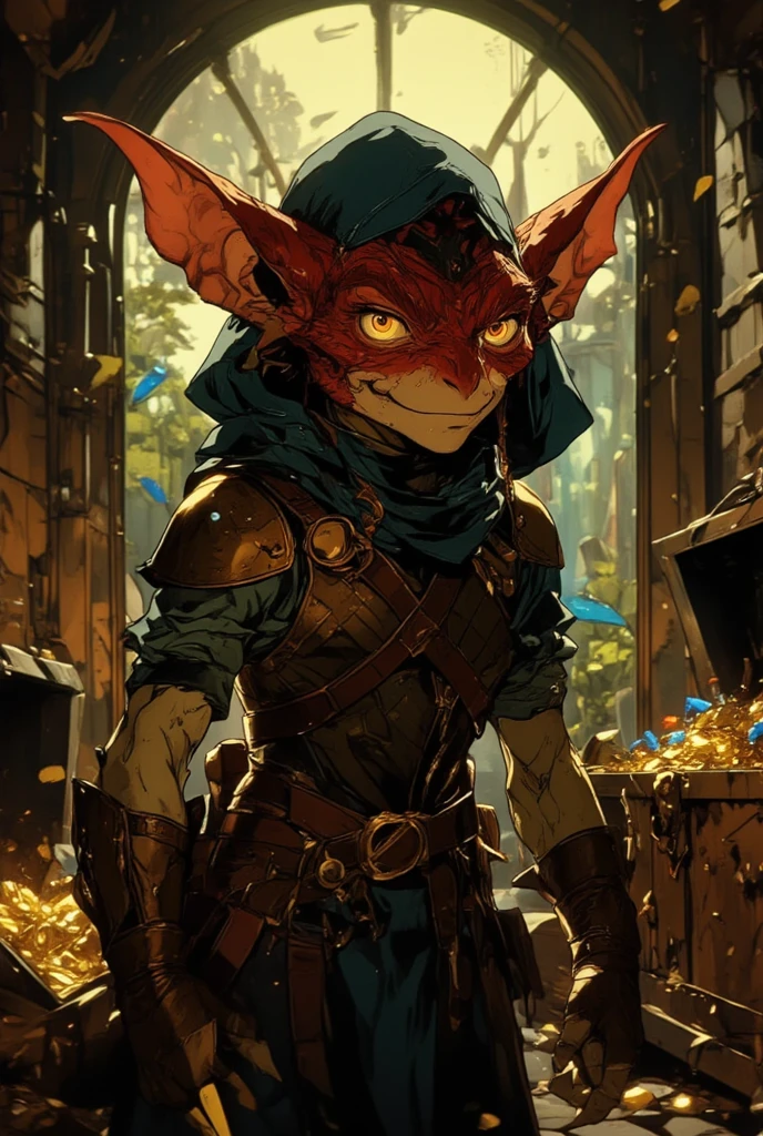 A mischievous anime-style portrait of a Kobold rogue with reddish ...
