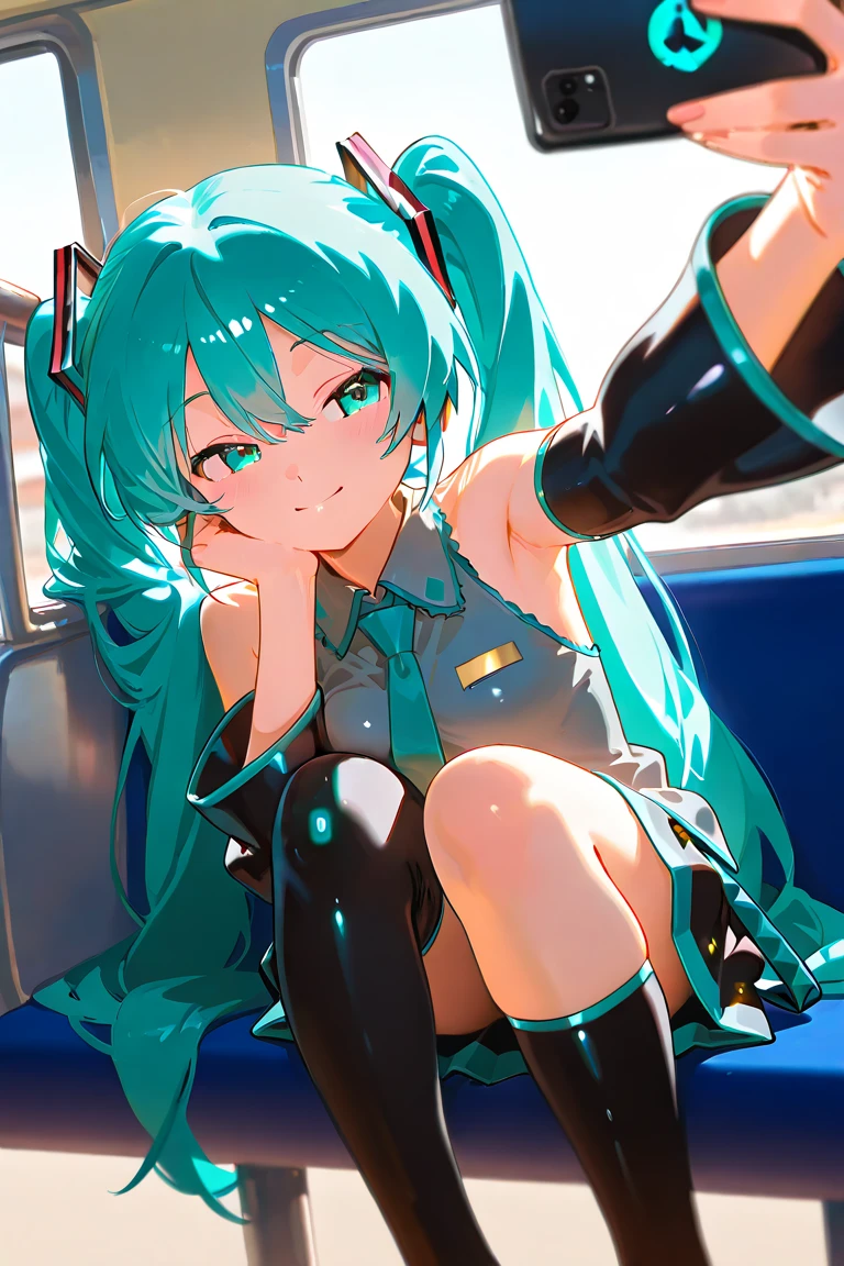 Hatsune Miku taking a selfie on a bus with her left hand making the Peace symbol - SeaArt AI