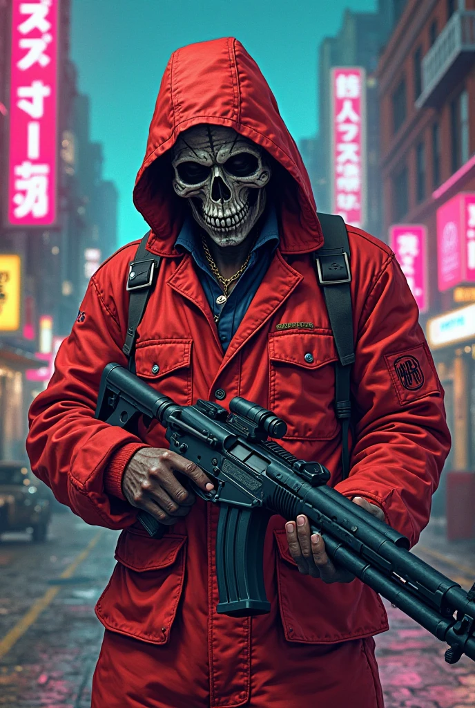 Hitman in red coveralls with skull mask and shotgun cut-out in hand GTA ...