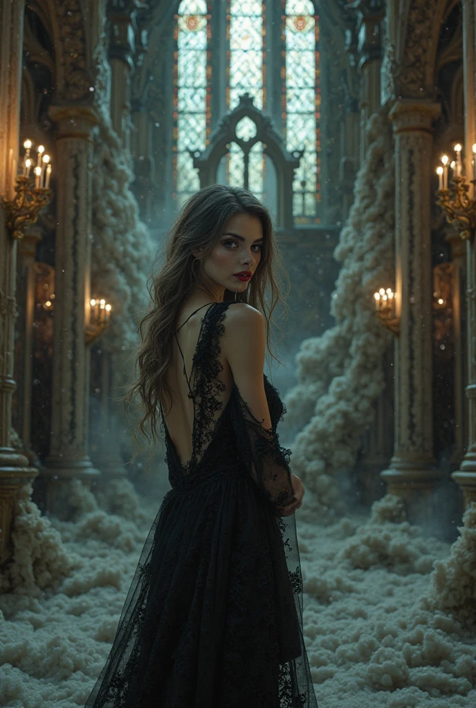 A photorealistic female vampire in Black gothic laces Who smile showing ...