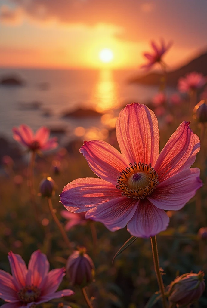 Up close shot、Cosmos flower、Gorgeous sunset by the sea in the ...