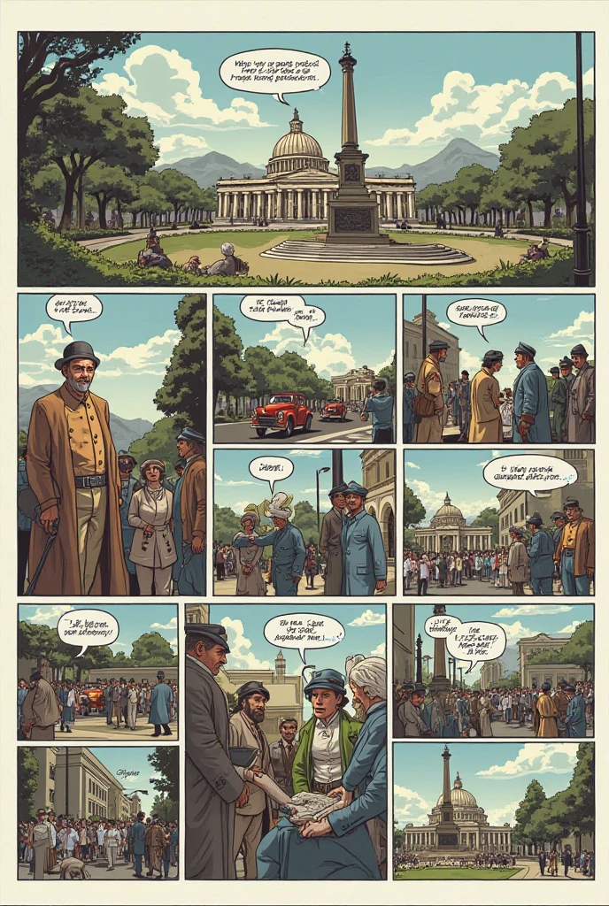 Make me an 8-quadrant comic about the history of Generalissimo ...