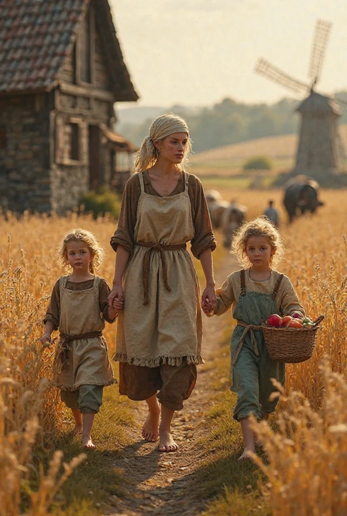 "A young medieval peasant woman with fair skin and calloused hands ...