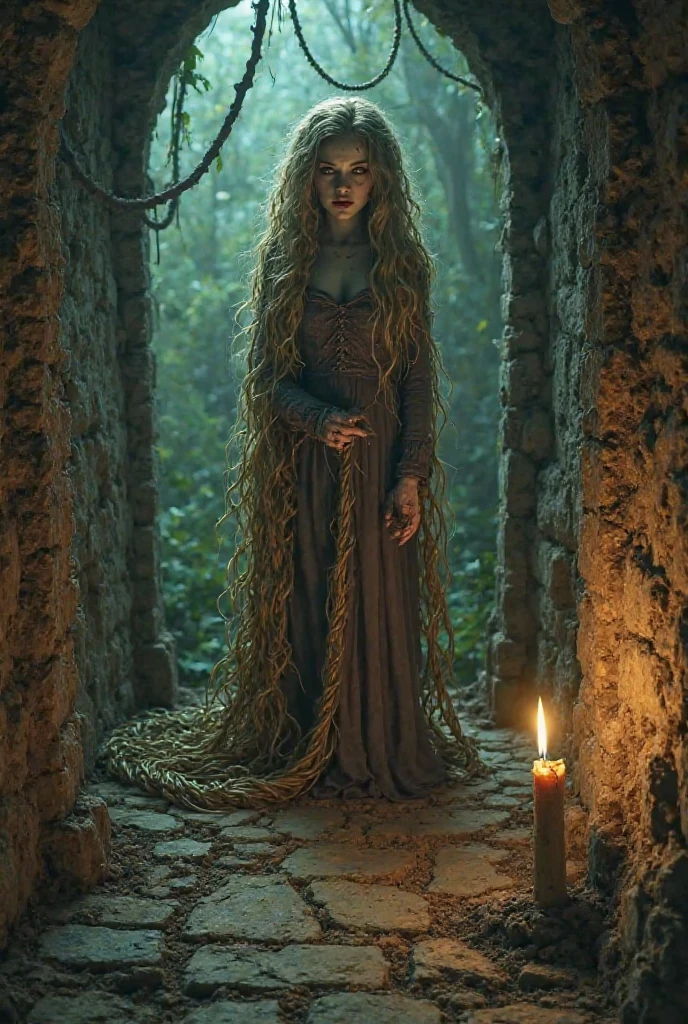 Rapunzel, trapped in an eerie, decaying tower deep within an ancient ...