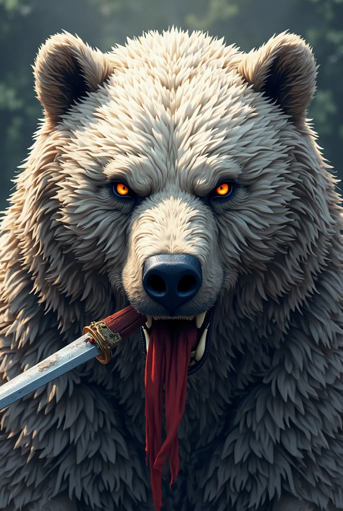 A close up of a bear's head with a sword in its mouth, angry bear - SeaArt AI