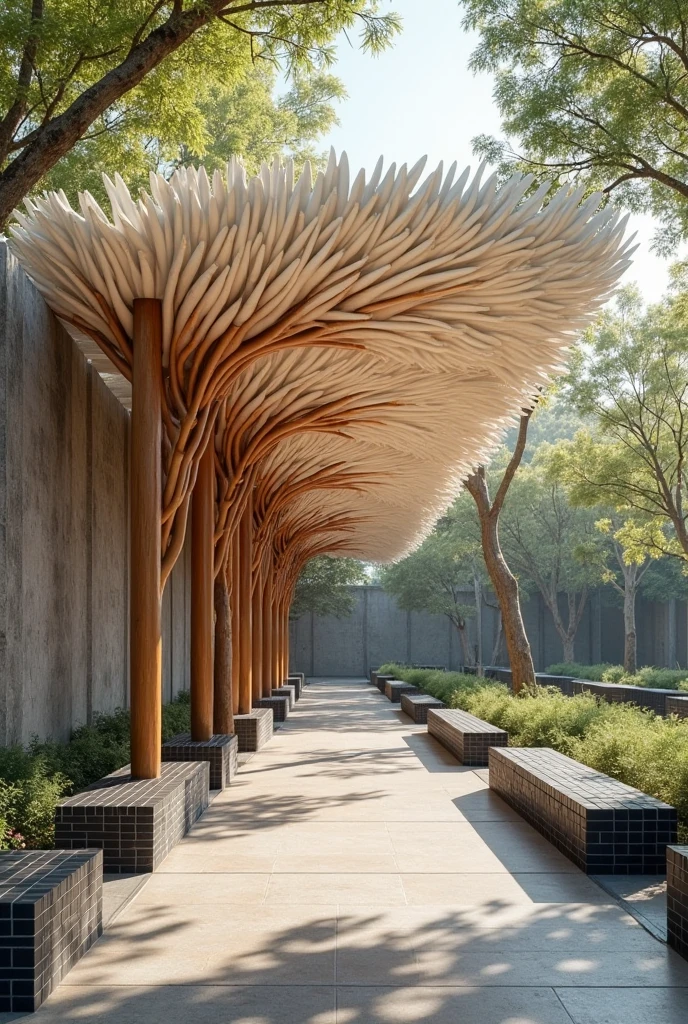 Feather like roof pavilion with brown wooden columns and black brick ...
