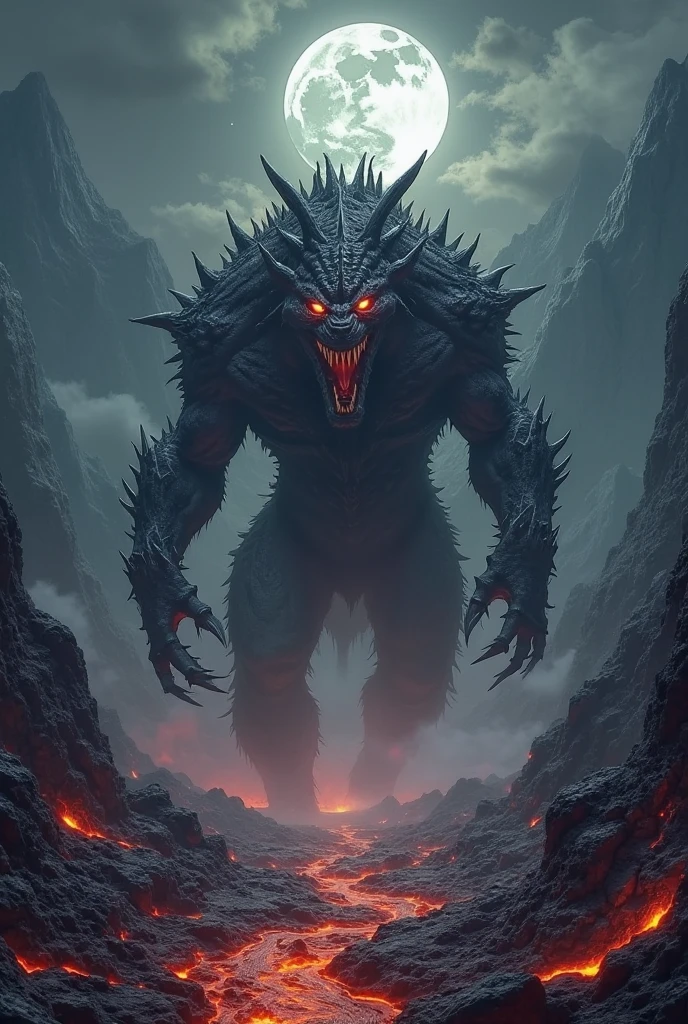 Create a dark, epic, and majestic fantasy landscape under a glowing ...