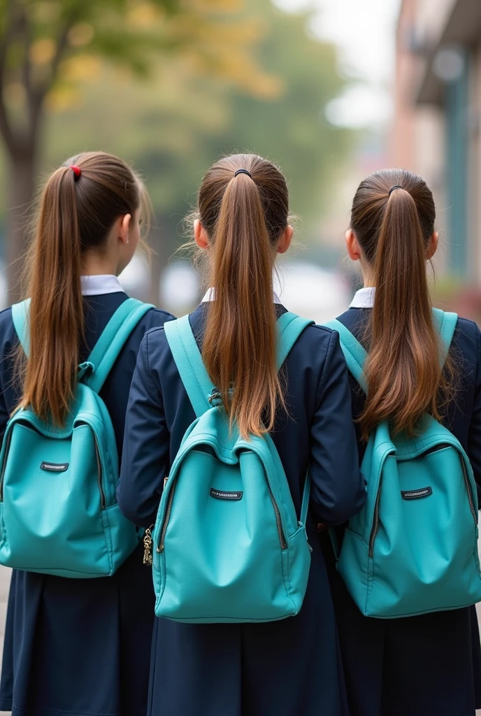 The back of 3 sisters wearing navy school uniform with long - SeaArt AI