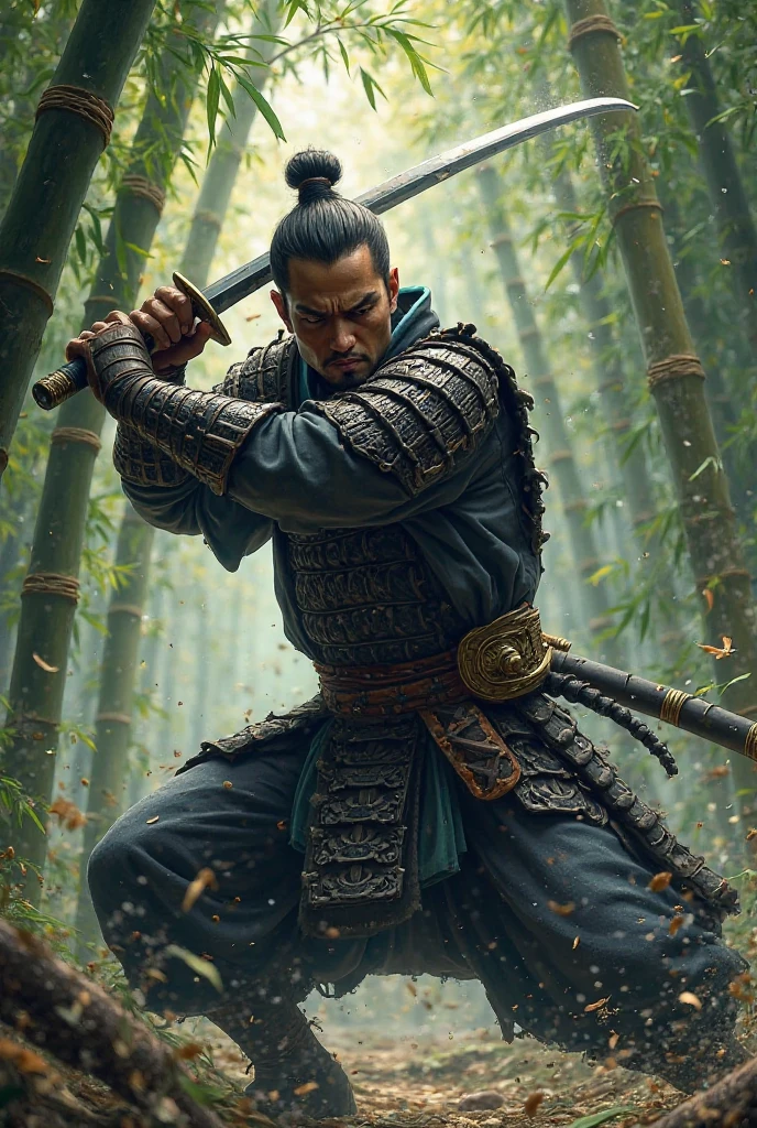 Create a black man samurai slicing bamboo sticks in half - SeaArt AI