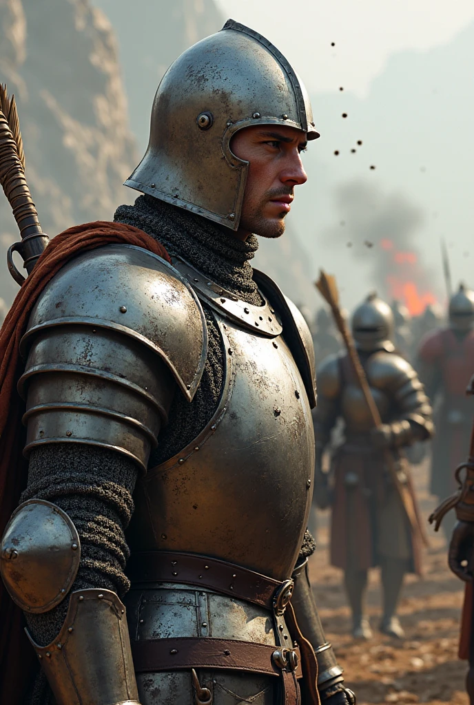 A knight getting shot by an arrow on his right shoulder in 3 - SeaArt AI