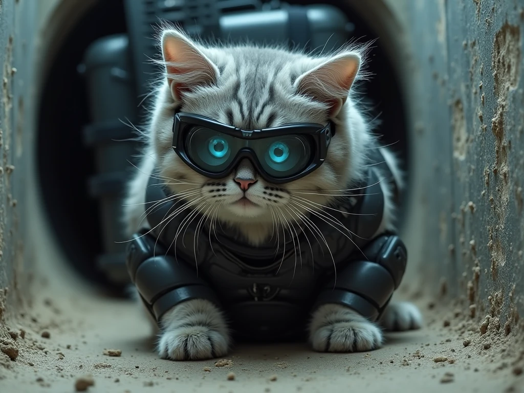 : "A chubby, fluffy gray and white secret agent cat, fully dressed in ...