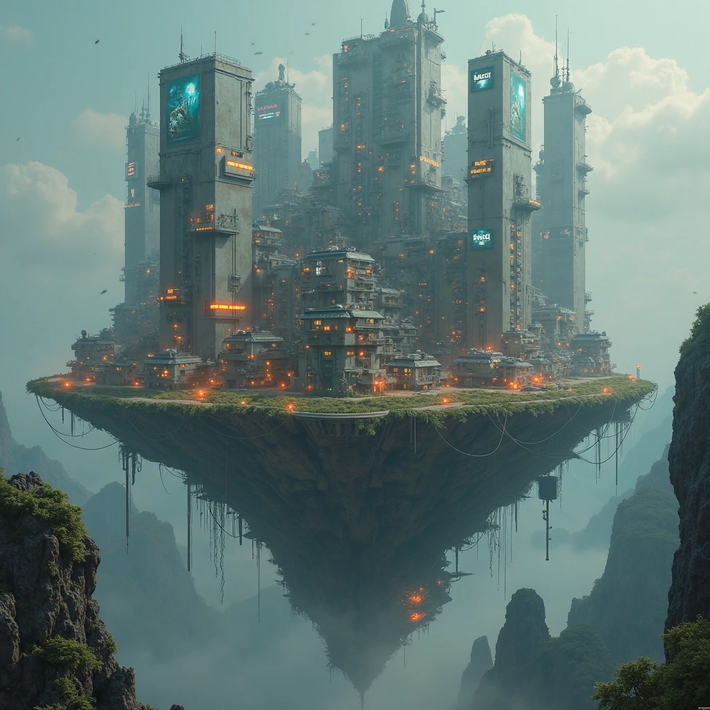 Floating small island with cyberpunk style houses intertwined with ...