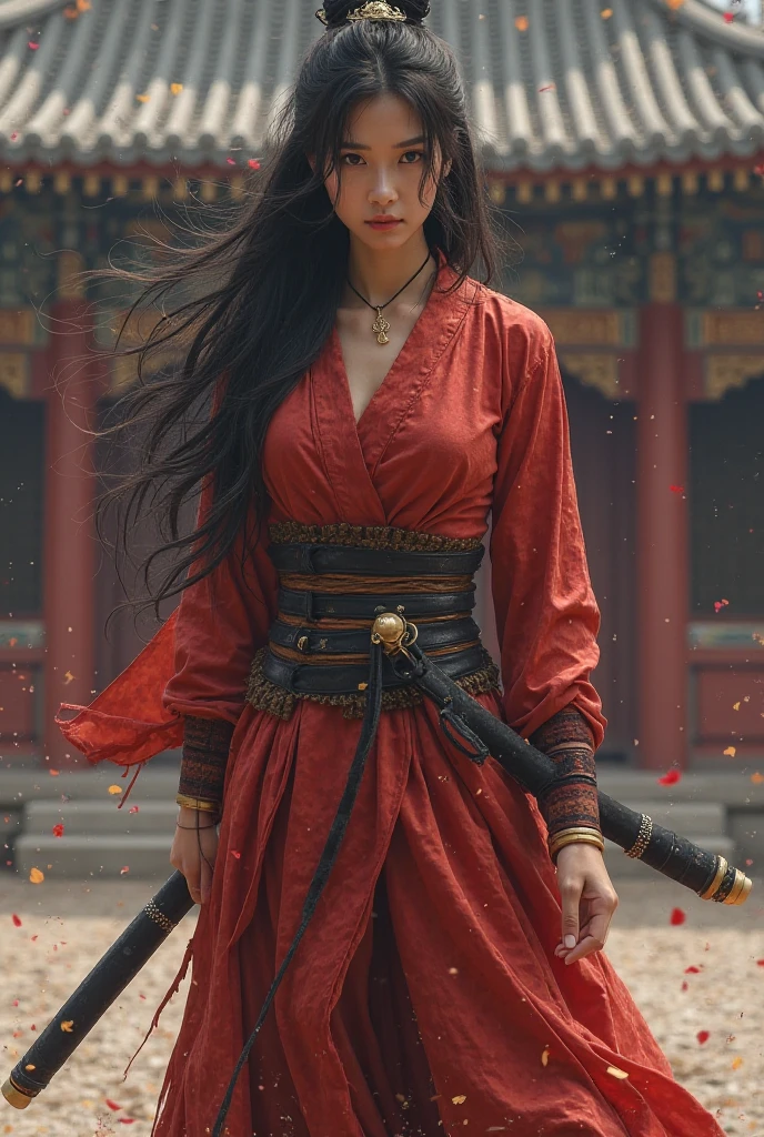 Femme moine shaolin aux cheveux long , les yeux noirs et rouge - SeaArt AI