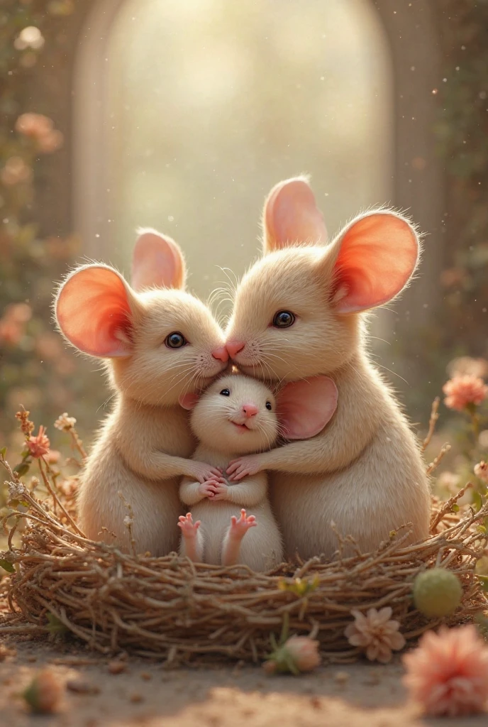Couple of little mice with a son kissing each other - SeaArt AI