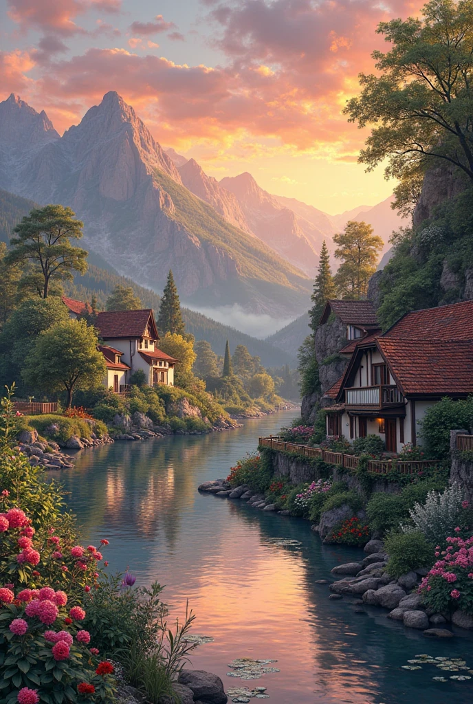 A small village by the river, mountains in the background , colorful ...