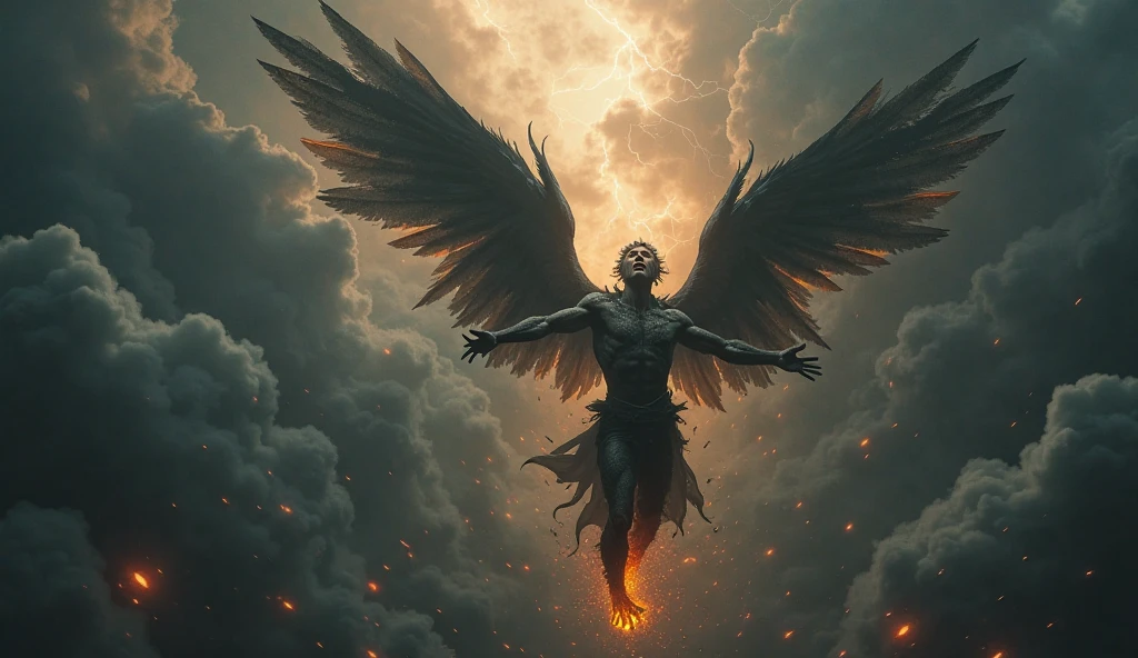 A hyper-realistic, dark, and haunting depiction of Lucifer falling from ...