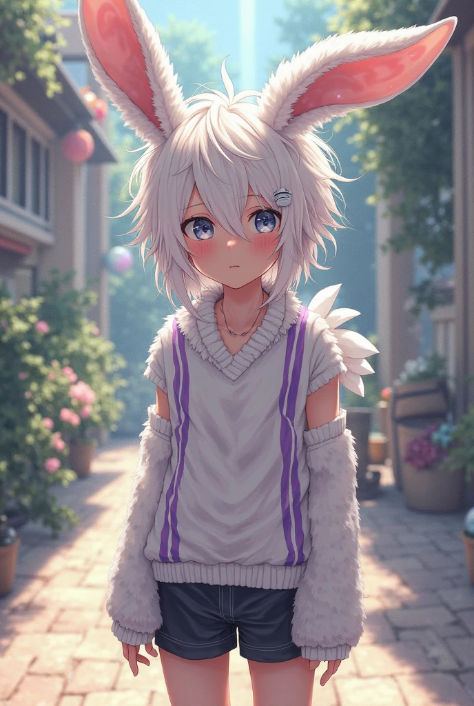 A boy half a rabbit, rabbit ears, with white fur on the body - SeaArt AI