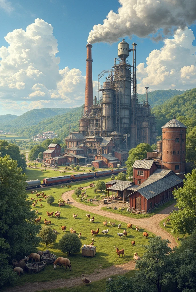 A livestock and chicken farm next to it is a large factory and a freight car - SeaArt AI