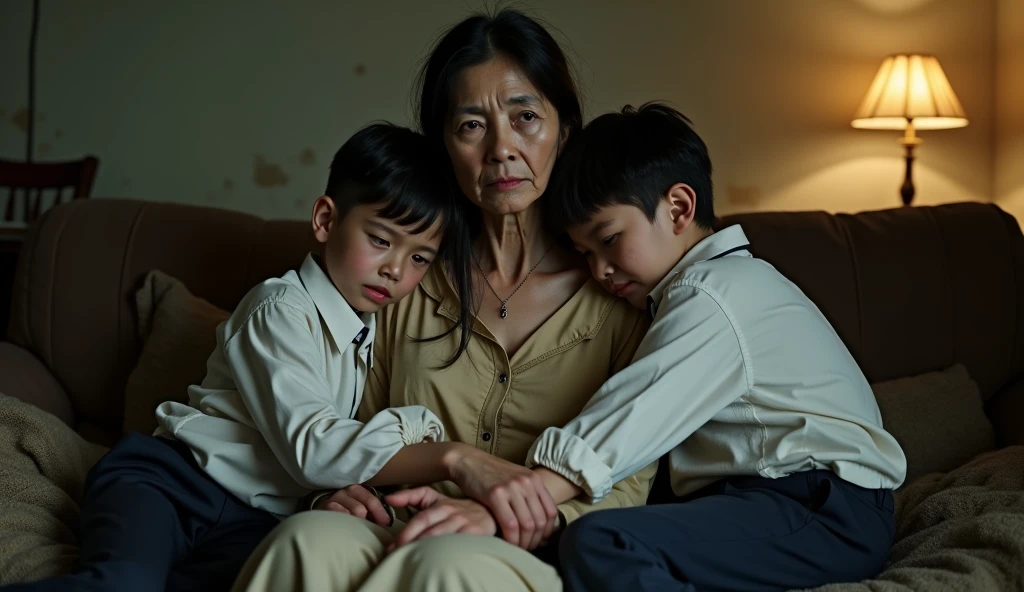 A close-up, emotional scene in a dimly lit, modest home. A frail woman ...