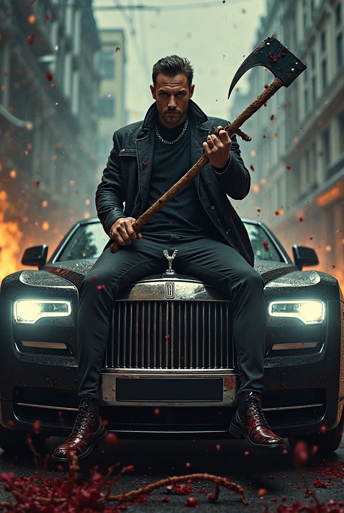 A dramatic action movie poster featuring a powerful hero sitting on top ...
