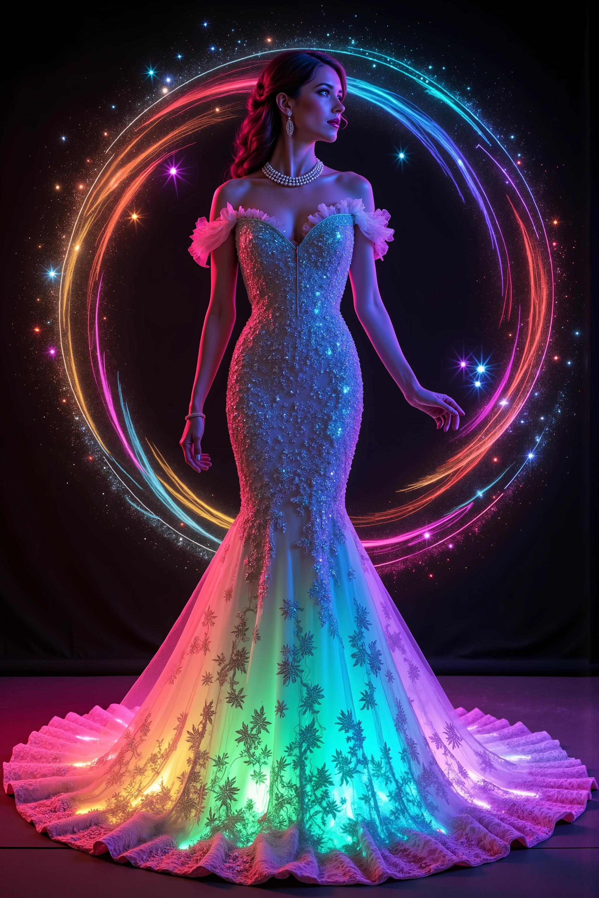 A woman in a wedding dress is standing in front of a neon ring - SeaArt AI
