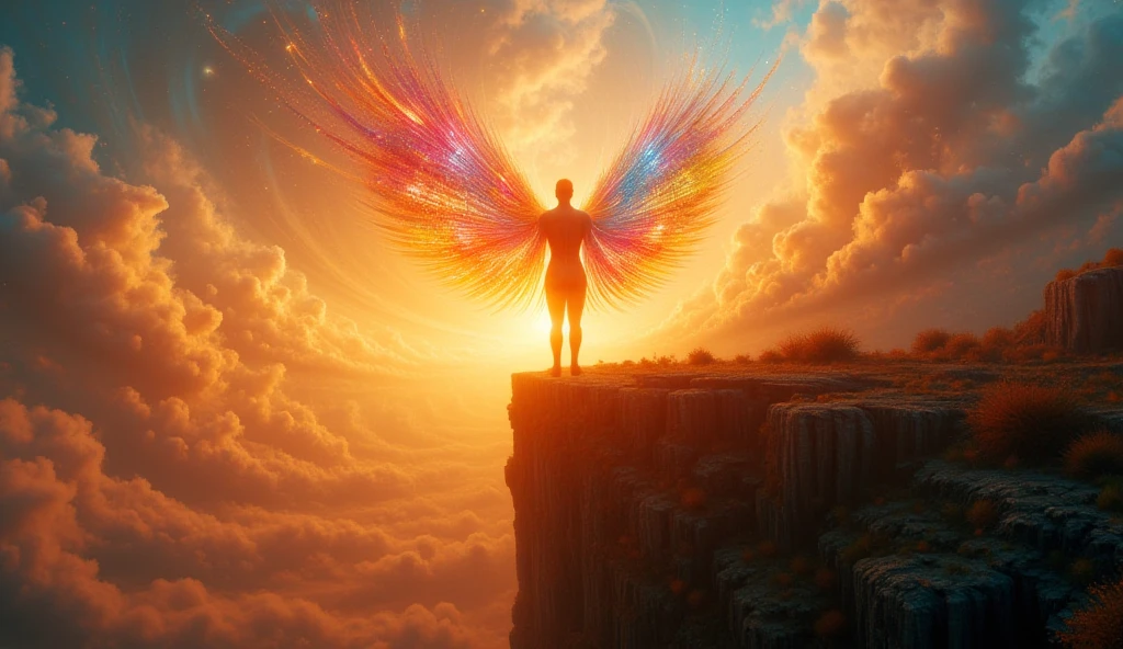 A 35mm cinematic photograph capturing a backlit figure atop a rugged ...