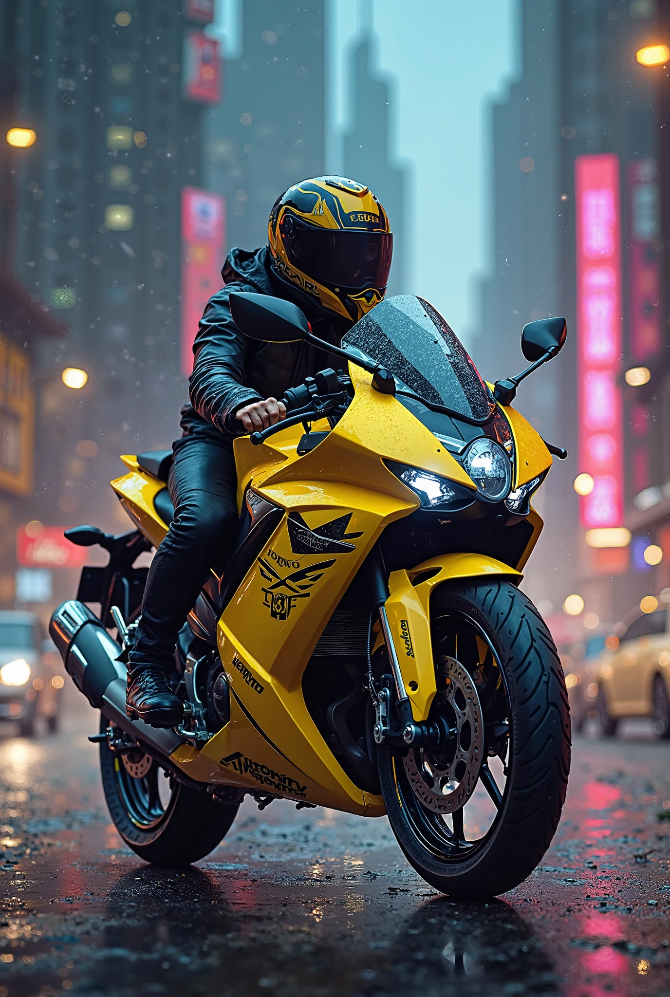 Yellow motorcycle with a man on it in the rain - SeaArt AI