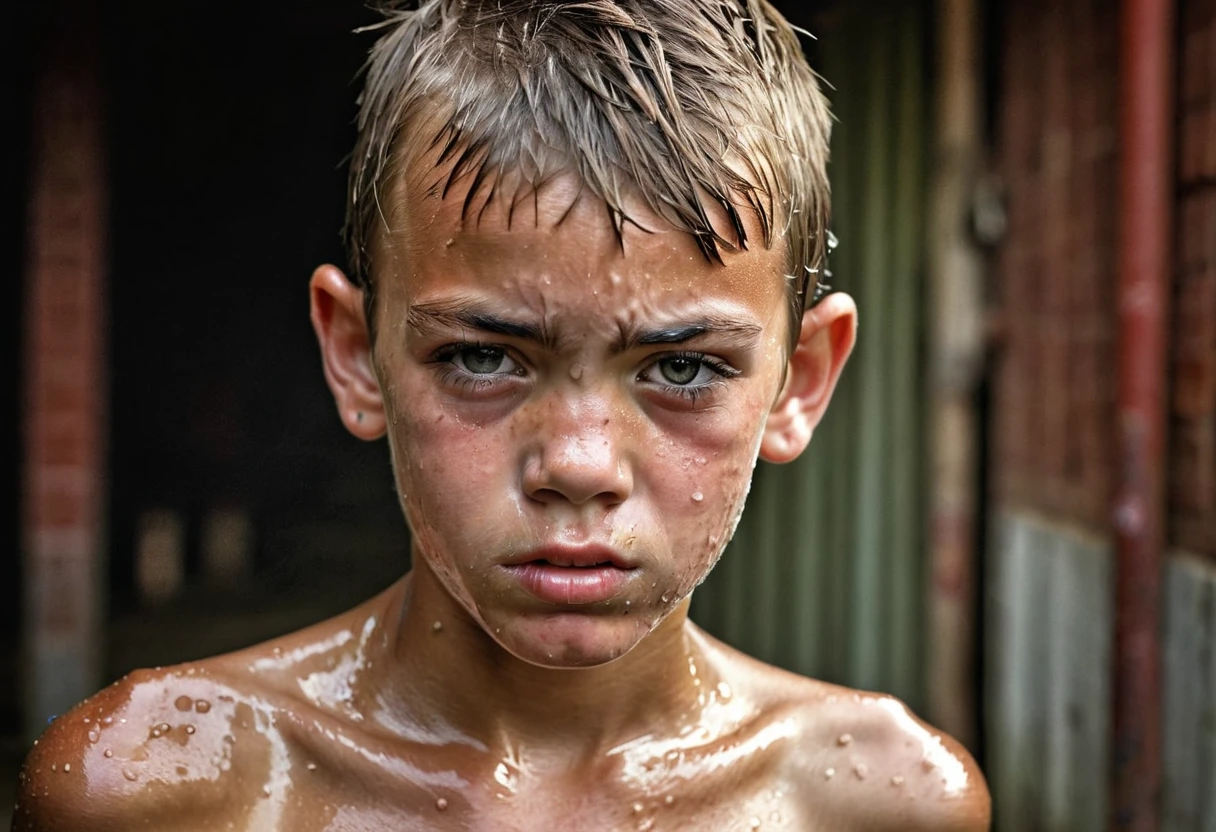 Realistic portrait of a sweaty boxer boy child, gaunt and emaciated ...