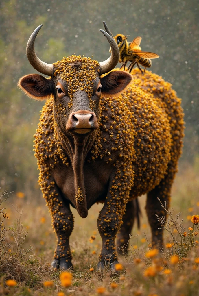 There is a cow that has a bee on its back, bees covering whole body ...