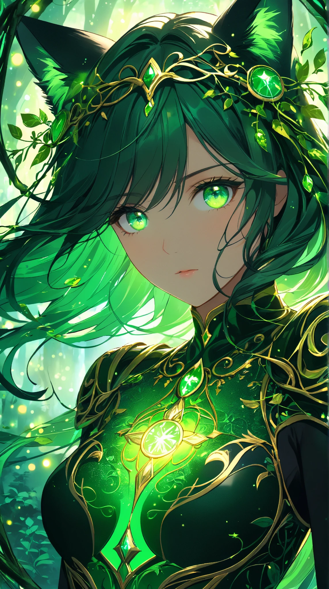 (Extreme close-up, Face-focused portrait)A mystical cat-eared sniper ...