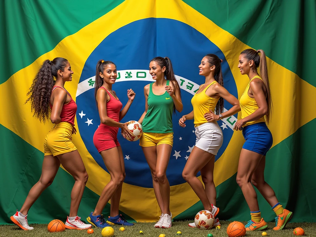 Create a realistic photo with the Brazilian flag in the background ...